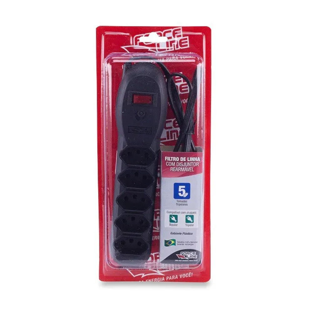 FILTRO DE LINHA 5 TOMADAS FORCE LINE SLIM BIVOLT PRETO C/ CABO DE 1.0 METRO (0060500016 ...