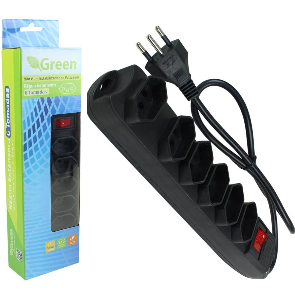 FILTRO DE LINHA 6 TOMADAS GREEN BIVOLT PRETO C/ CABO DE 0.8 METROS (075-8516) - Millenium ...